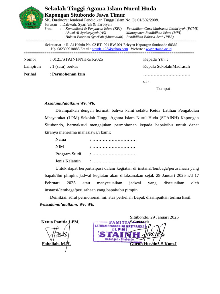 Permohonan Izin Kegiatan LPM STAINH | PDF