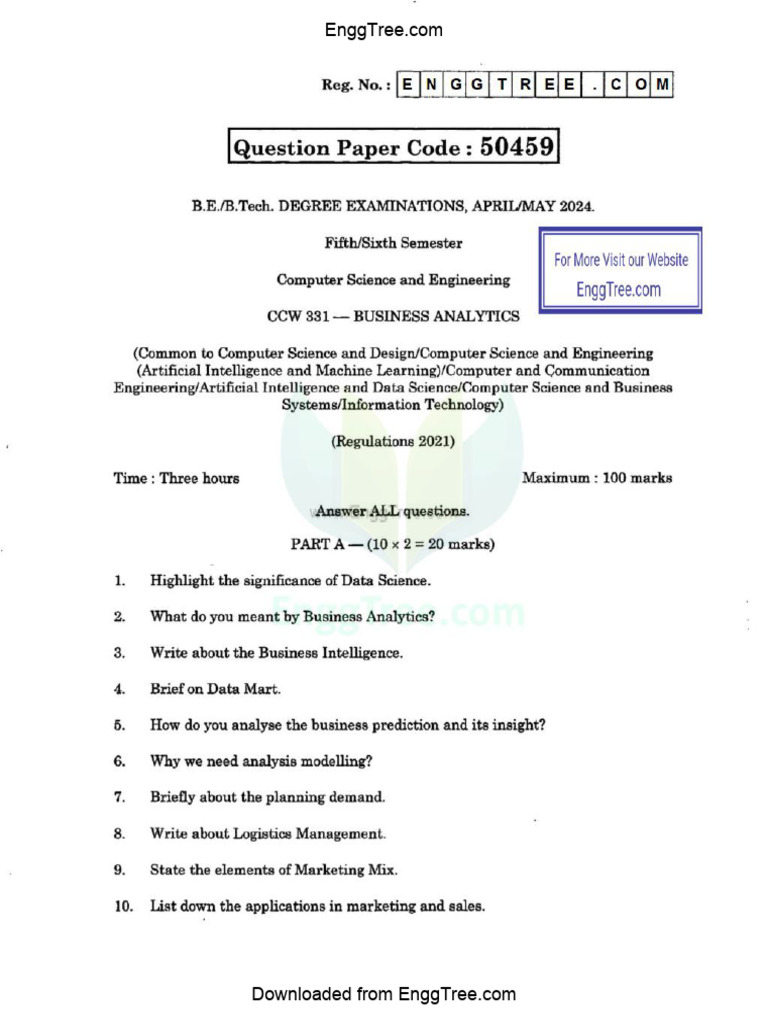 CCW331 Business Analytics Apr May 2024 Question Paper Download | PDF