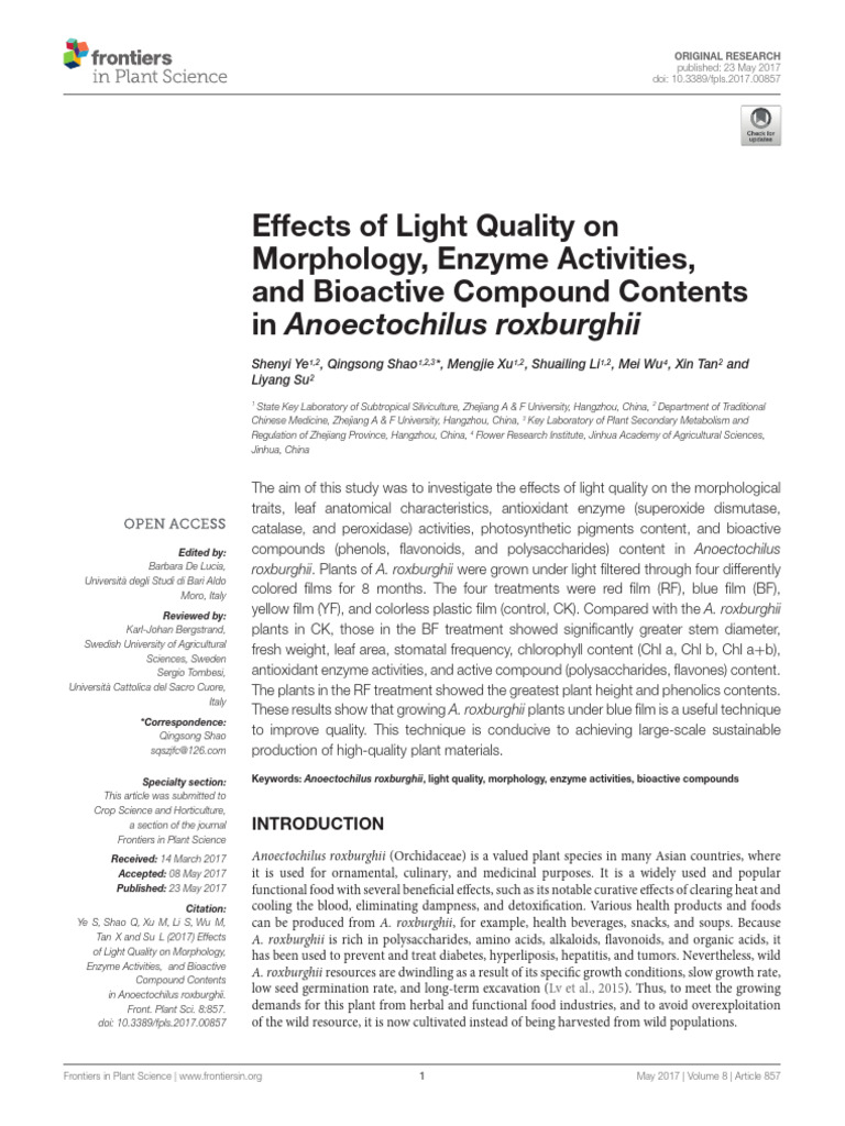 Effects of Light Quality on Morphology, Enzyme Activities, and ...