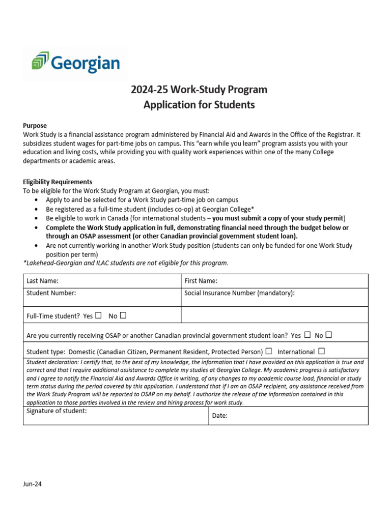 2024 25 - Work Study Student Application | PDF | Income | Child Support