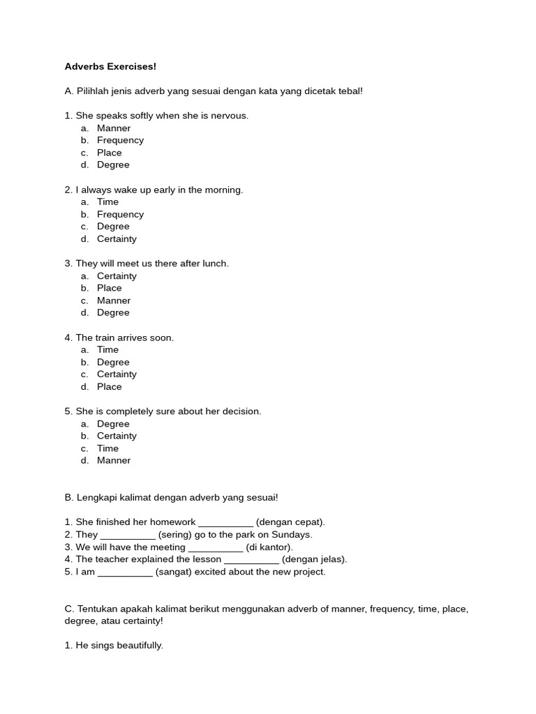 Adverb Exercises for English Learners | PDF