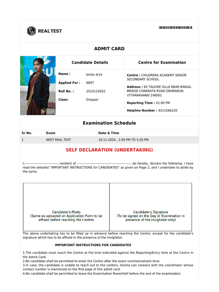 Admitcard 2510119352 6408078 | PDF | Identity Document