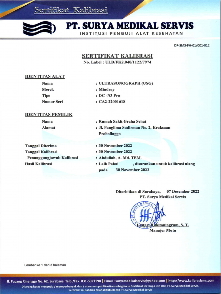 Sertifikat Kalibrasi Ultrasonograph (USG) - CA2-22001618 - 30 November ...