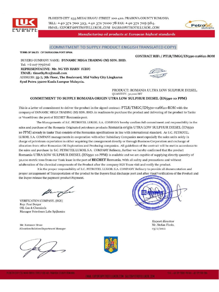 S.C. PETROTEL-LUKOIL S.A.-COMMITMENT TO SUPPLY PRODUCT 30,000 MT EN590 ...