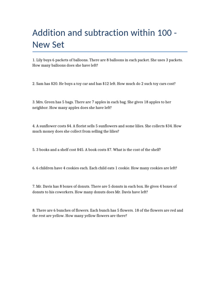 Addition and Subtraction Within 100 New | PDF