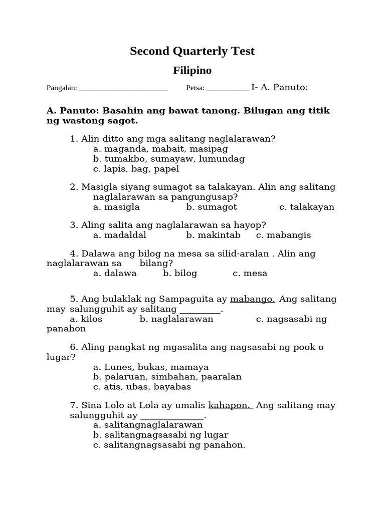 Third Quarterly Test Filipino ANS | PDF