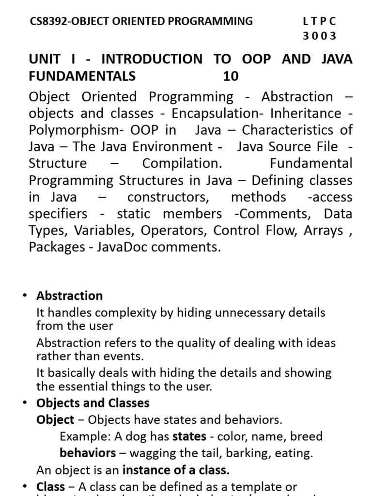 Cs8392oopuniti 181023033704 | PDF | Class (Computer Programming) | Java (Programming Language)