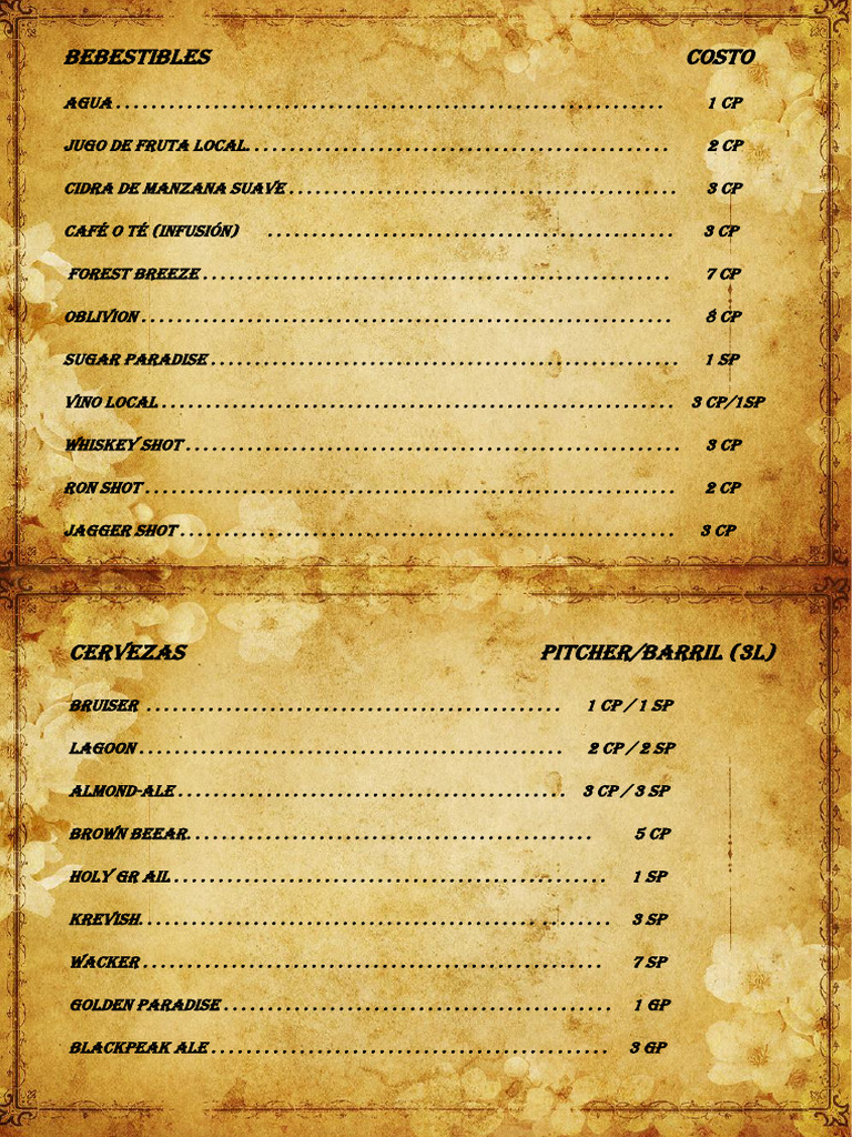 Precios Taverna PF2 | PDF | Bebida