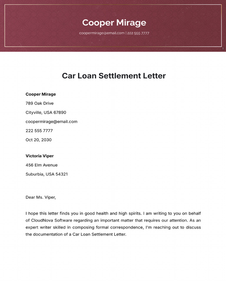 Car Loan Settlement Letter Template | PDF