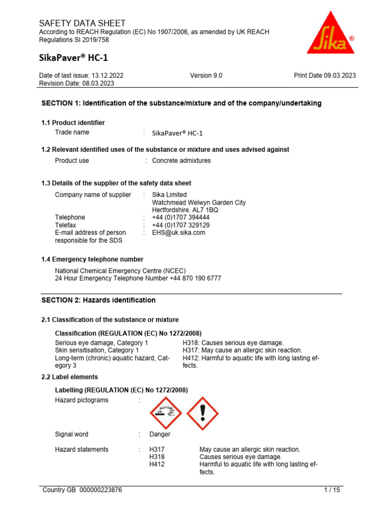 SikaPaver® HC-1 SDS | PDF | Toxicity | Dangerous Goods