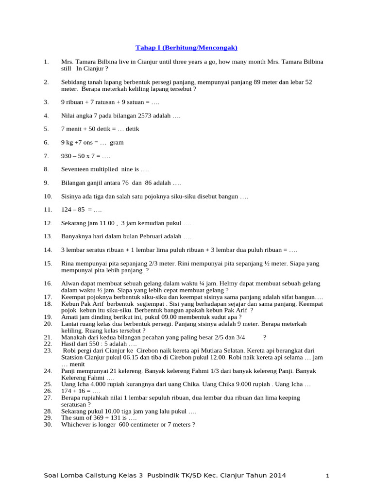 Soal Calistung Kelas 3 Tahap 1 | PDF