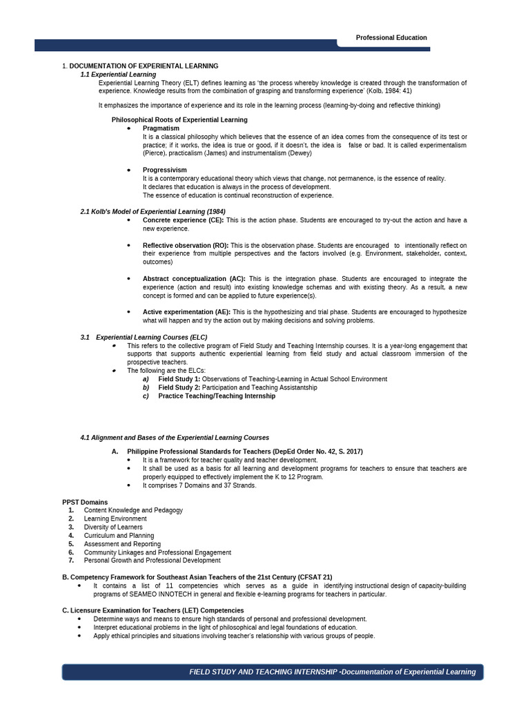 Experiential Learning & Teaching Internship | PDF | Teachers | Learning