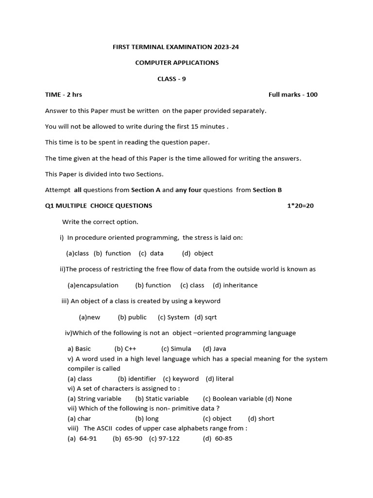 CLASS 9 COMPUTER FIRST TERMINAL EXAMINATION 2023-24 | PDF | Integer (Computer Science ...