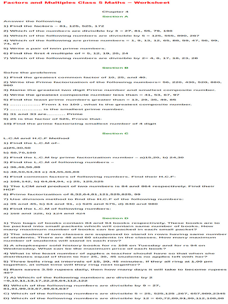 Factors and Multiples Class 5 Maths Worksheet | PDF