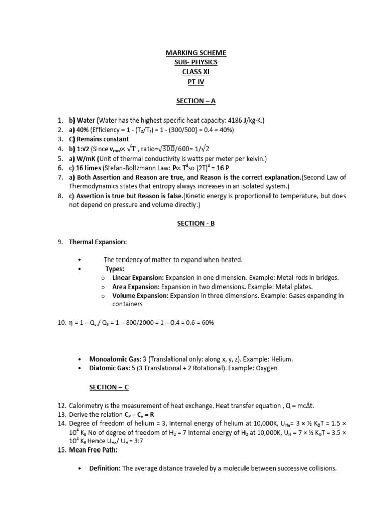 Class XI Physics Marking Scheme | PDF | Heat | Gases