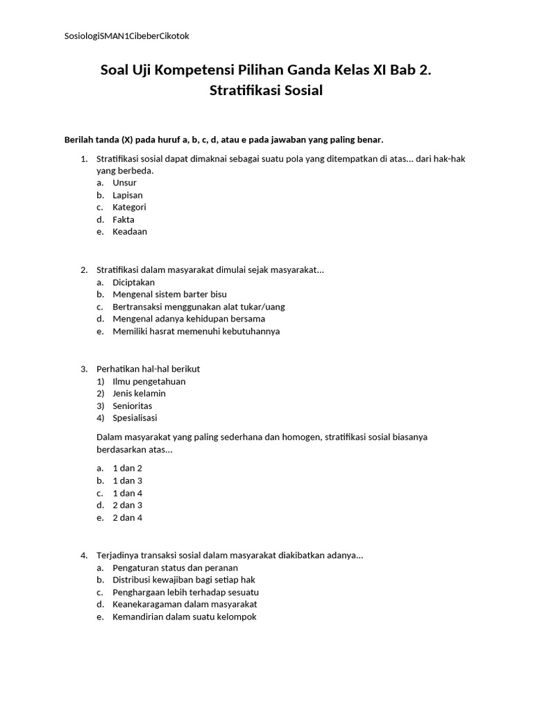 Soal Uji Kompetensi Pilihan Ganda Kelas XI Bab 2. Stratifikasi Sosial | PDF