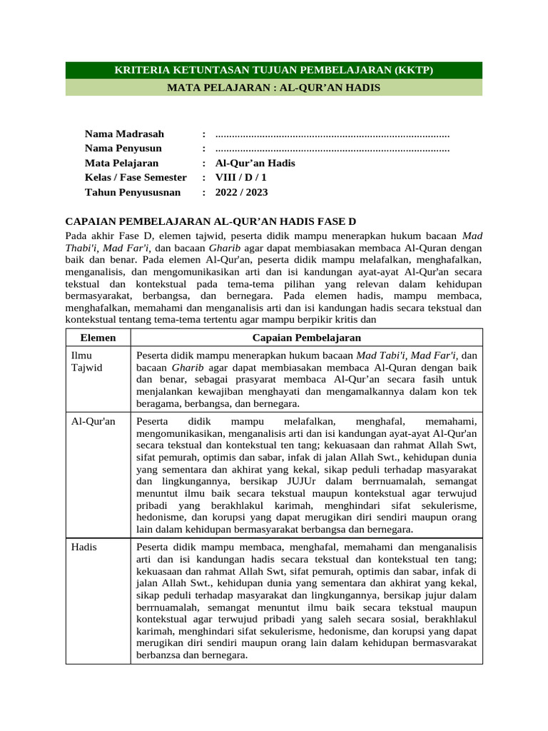 KKTP Al-Quran Hadits 8 Mts | PDF