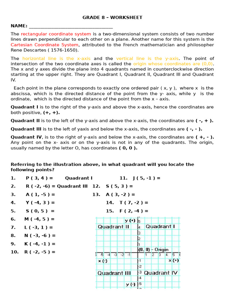 Cartesian Plane Worksheet | PDF