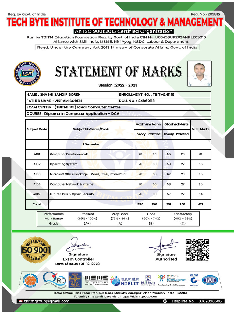 shashi marksheet dca | PDF