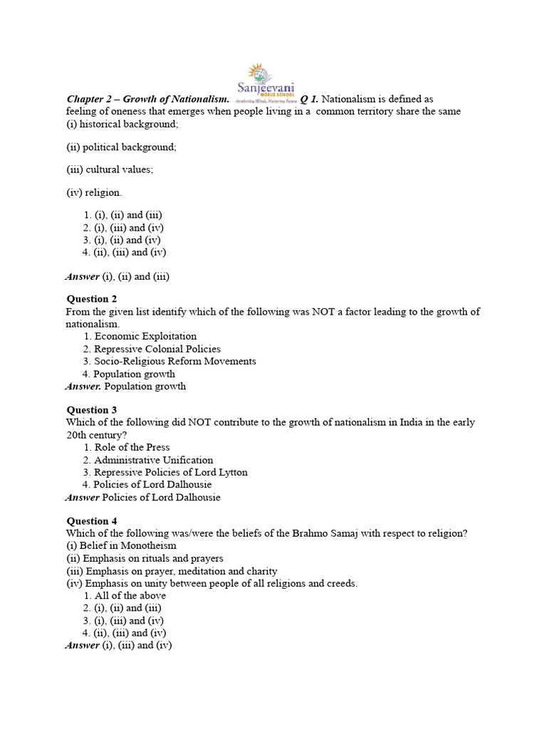 CHP 2 - Growth of Nationalism - MCQ | PDF | British Raj | Nationalism