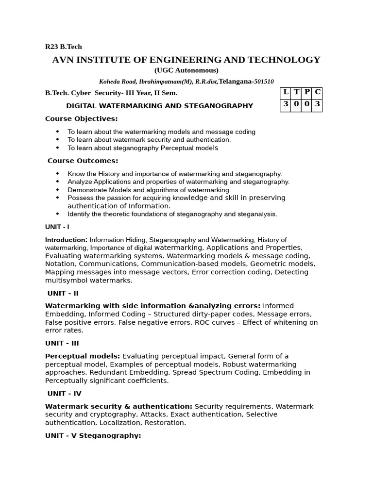 DIGITAL WATERMARKING AND STEGANOGRAPHY - Syllabus | PDF | Cryptography | Computer Science