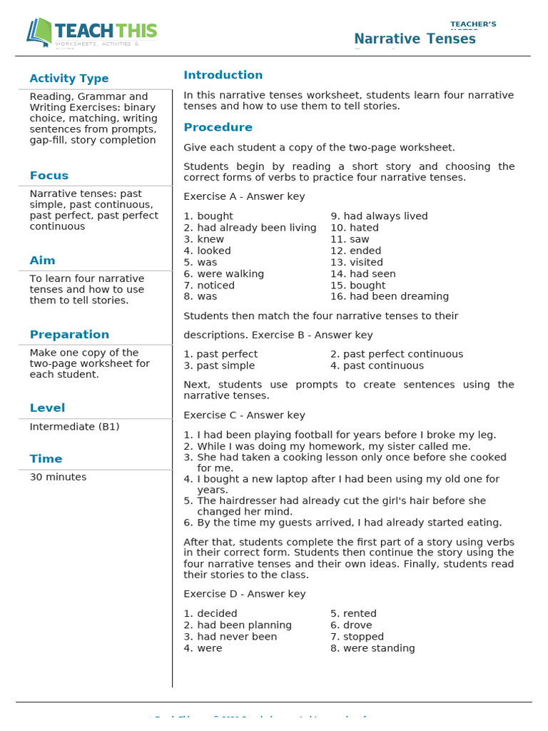 Narrative Tenses Practice Worksheet | PDF | Grammatical Tense ...