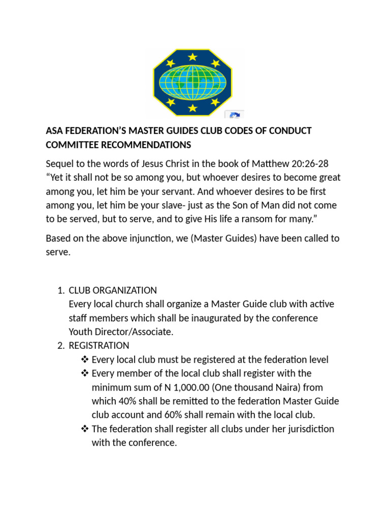 Asa Federation's Master Guide Club Code of Conduct | PDF