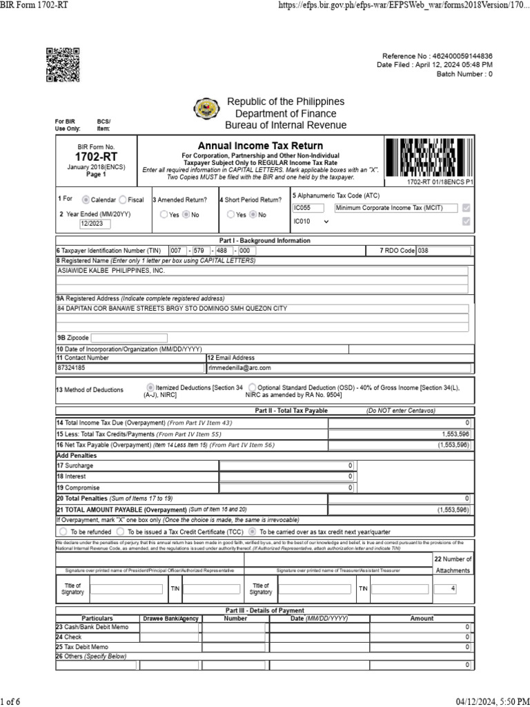 Bir Form 1702-Rt - Final | PDF | Tax Deduction | Income Tax