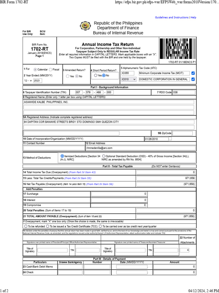 Bir Form 1702-Rt | PDF | Taxes | Tax Deduction