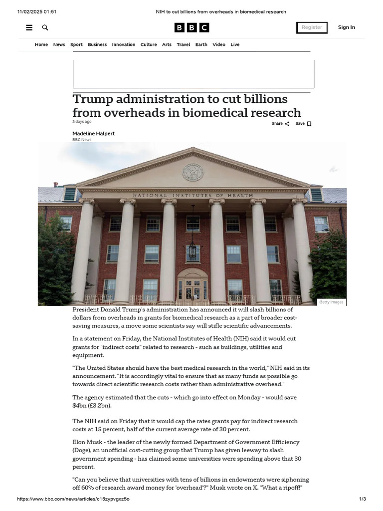 NIH To Cut Billions From Overheads in Biomedical Research | PDF ...