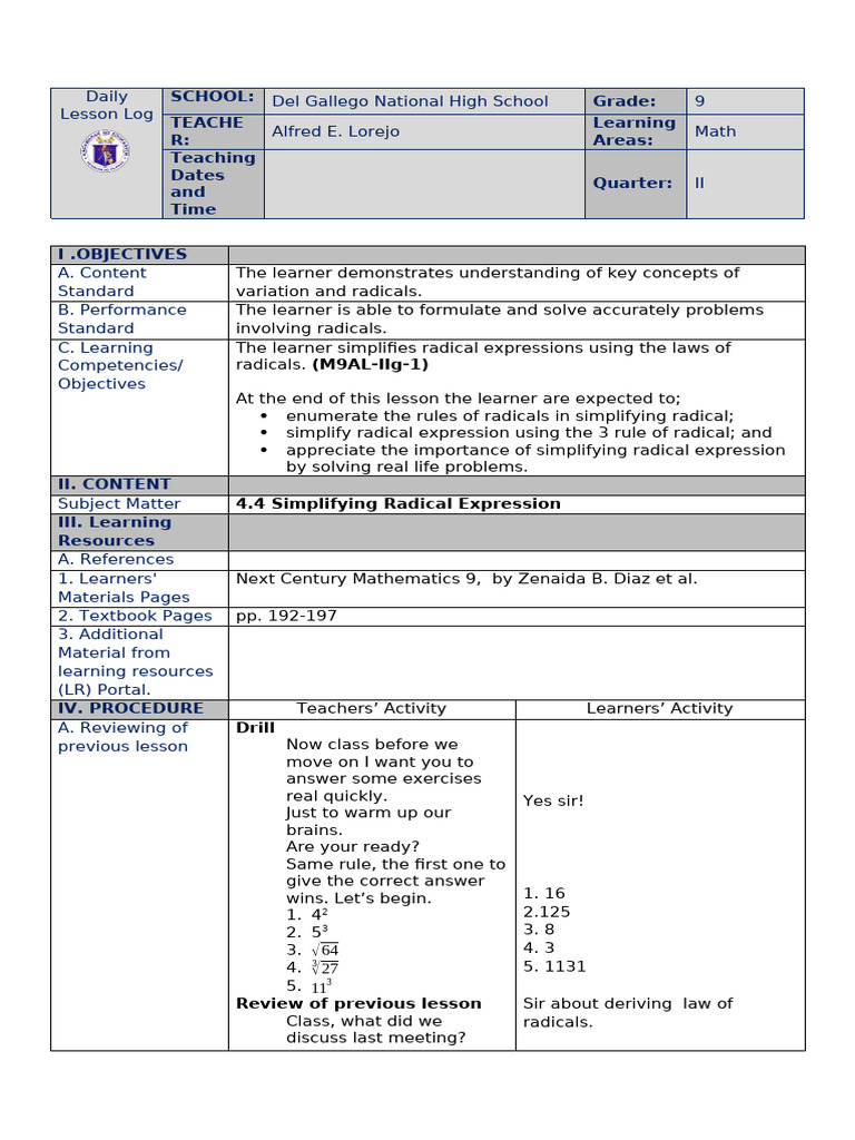 Explicit Lesson Plan Grade 9 Simplifying Radical | PDF | Square Root ...