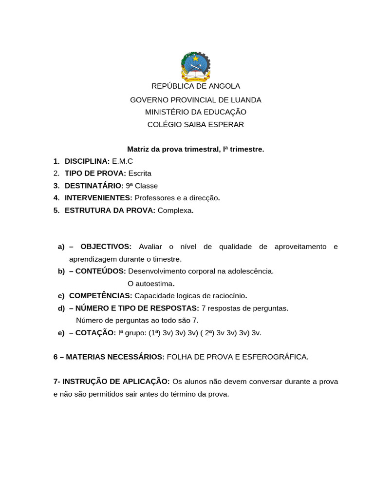Matriz da Prova Trimestral 9ª Classe E.M.C | PDF
