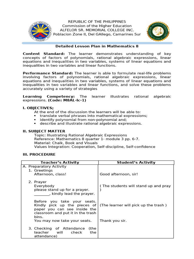 Detailed Lesson Plan for Math 8 | PDF | Polynomial | Rational Number
