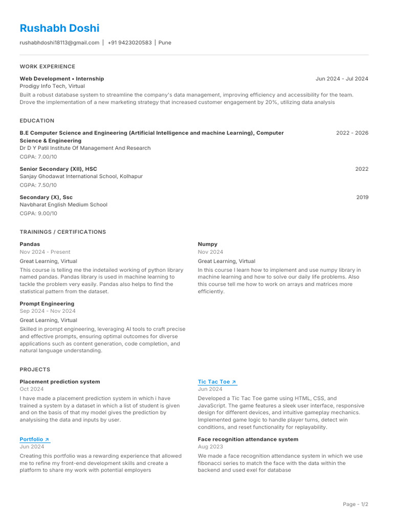 RushabhDoshi InternshalaResume-1 | PDF | Machine Learning | Artificial Intelligence