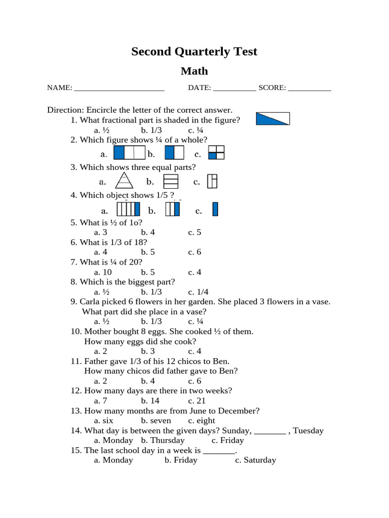 Second Quarterly Math Test Questions | PDF