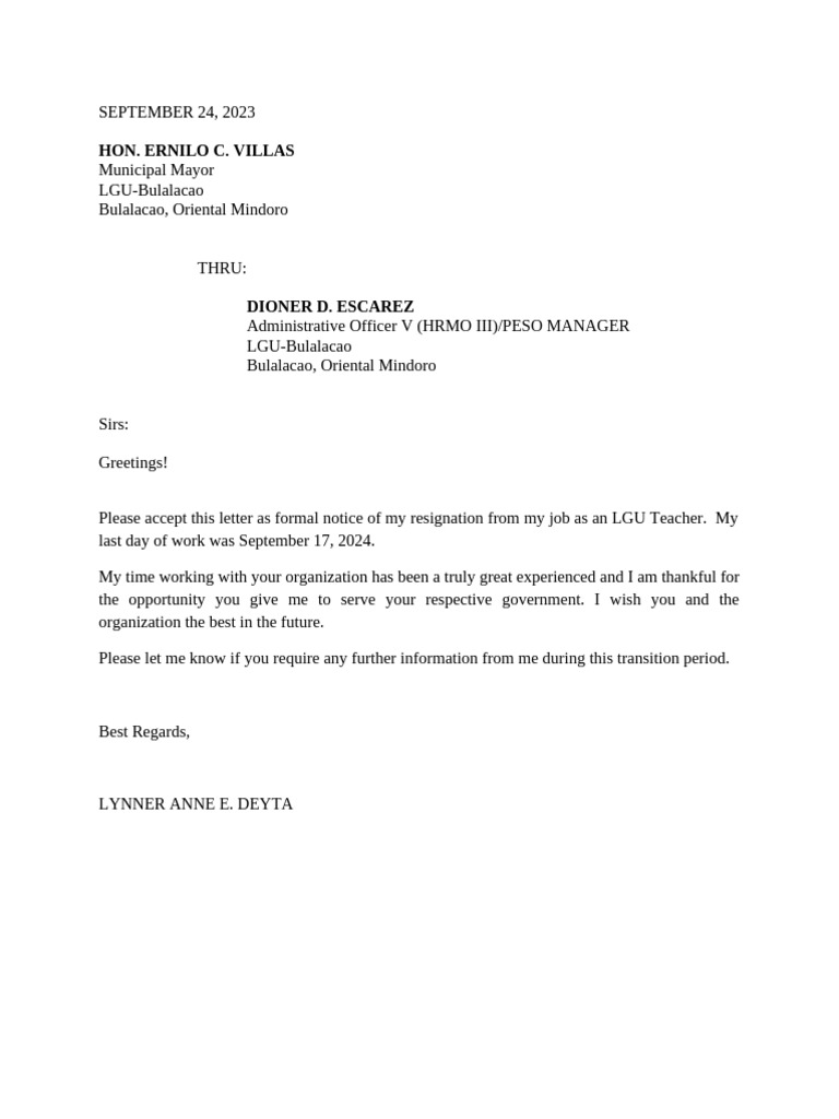 Resignation Letter from LGU Teacher | PDF