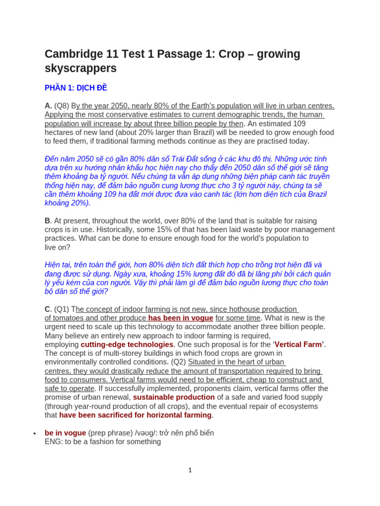 Dap An Read Test 1 Cam 11 | PDF