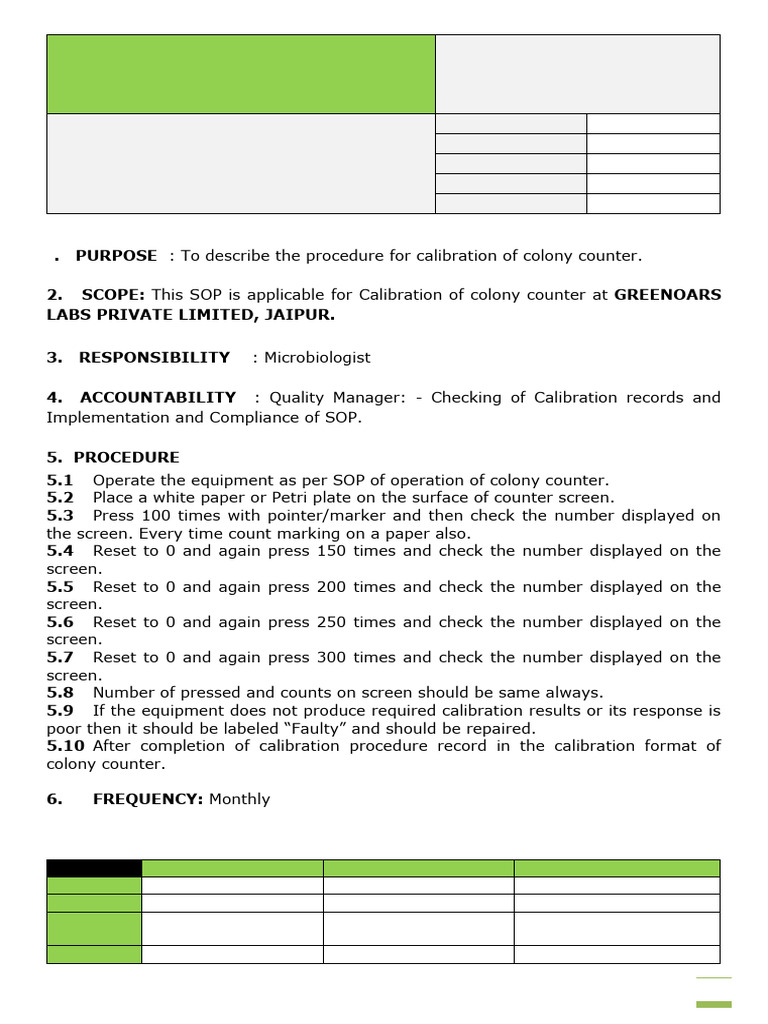 Sop For Calibration of Colony Counter | PDF