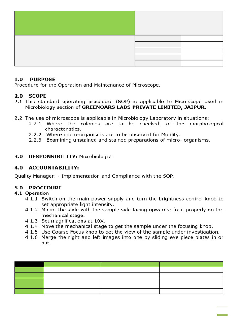 Sop For Microscope in Microbiology Laboratory | PDF | Microscope | Microbiology
