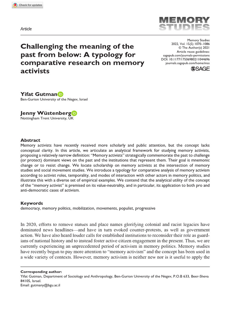 Gutman Wustenberg 2021 Challenging The Meaning of The Past From Below A Typology For Comparative ...