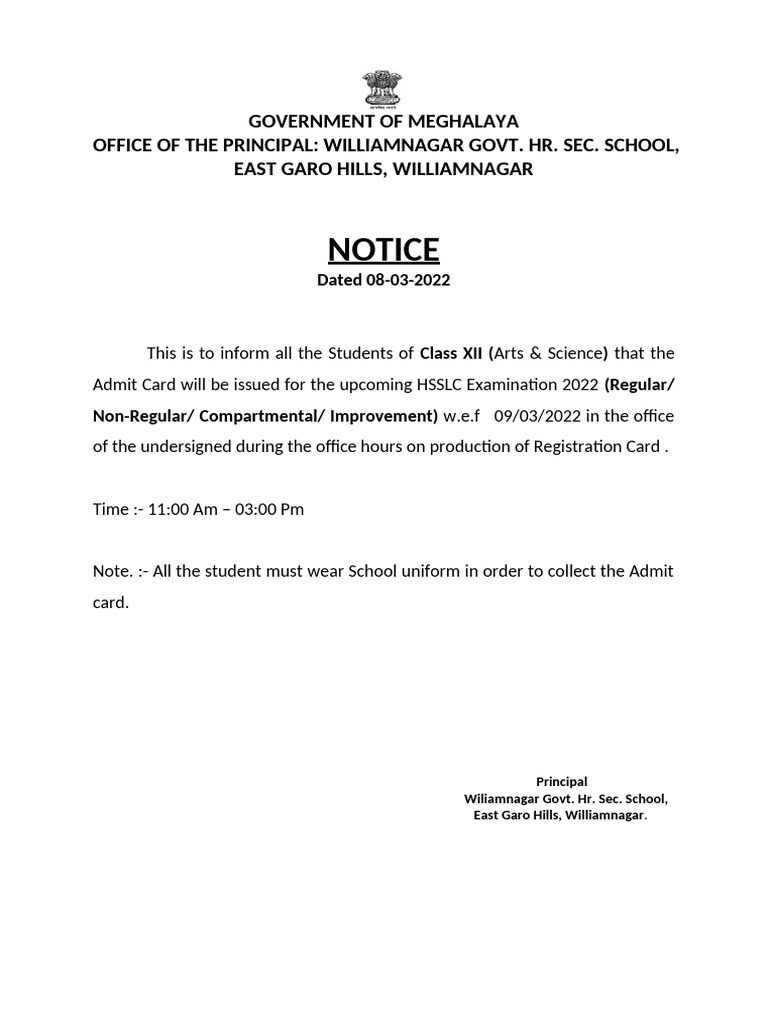 Class XII Admit Card Notice 2022 | PDF