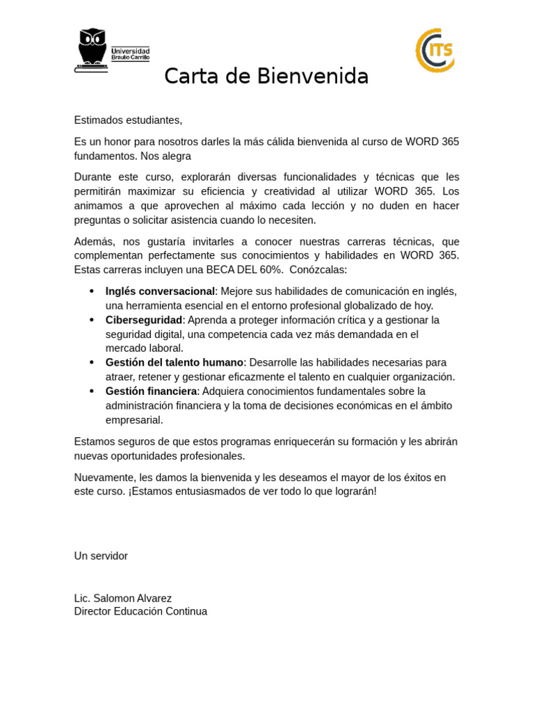 Carta de Bienvenida | PDF