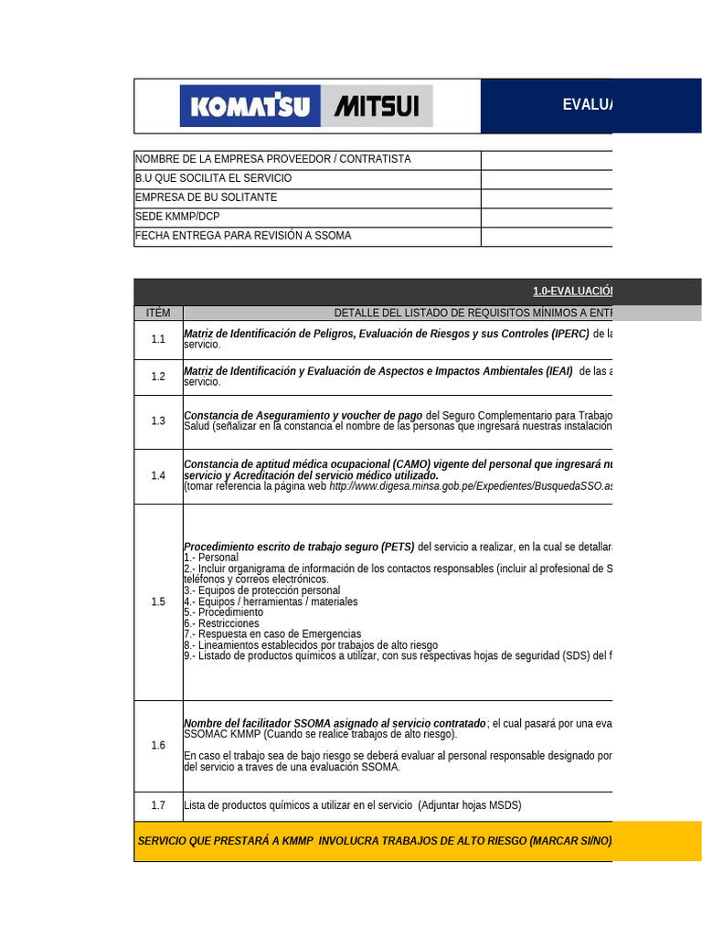 ASIG - PR - 025 - FR - 001 Evaluación de Requisitos SSOMA-Proveedores KMMP | PDF | Licencia de ...
