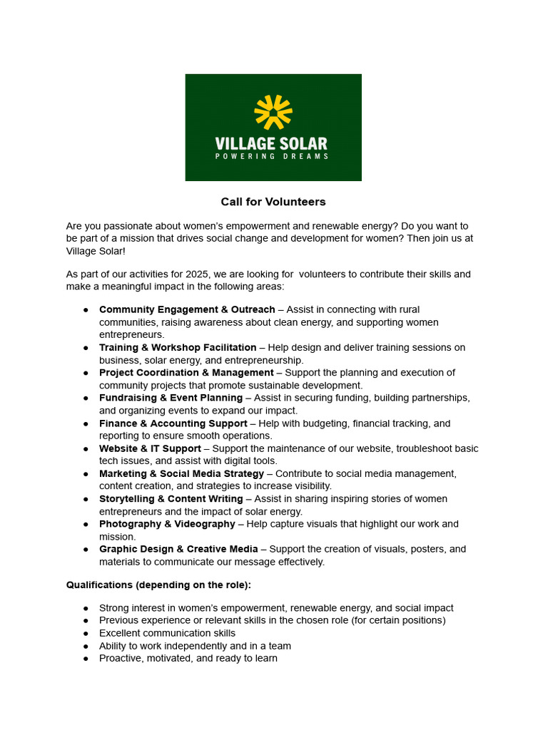 Volunteer Opportunities at Village Solar | PDF | Entrepreneurship
