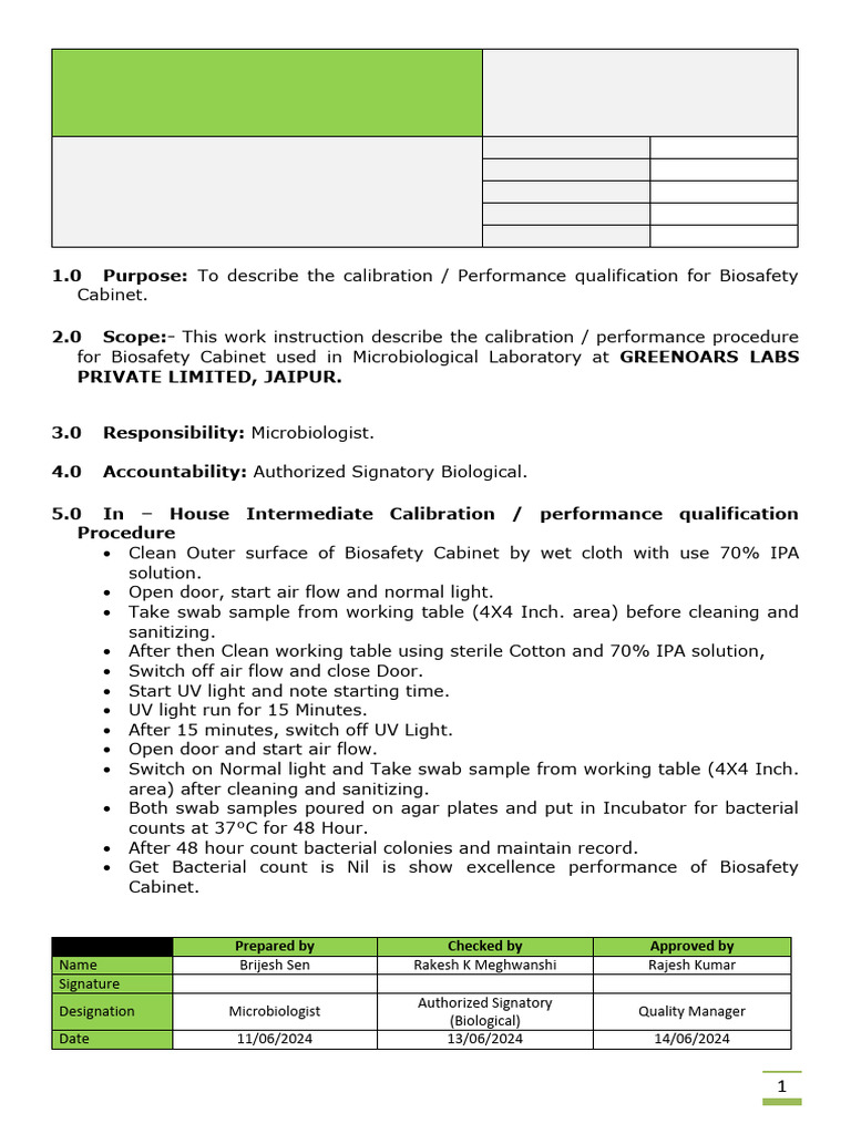 Biosafety Cabinet Calibration SOP | PDF | Ultraviolet | Microbiology