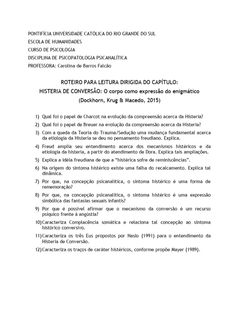 Roteiro de leitura - HISTERIA - o corpo como expressão do enigmático | PDF Roteiro de leitura - HISTERIA - o corpo como expressão do enigmático | PDF