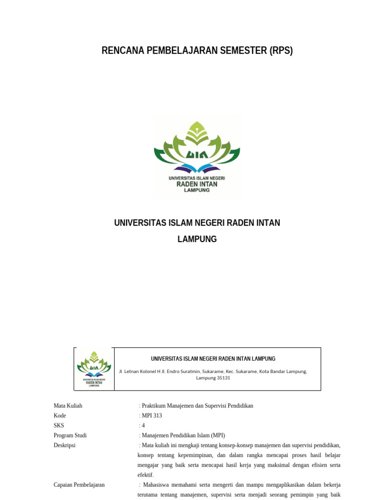 RPS-Manajemen Dan Supervisi Pendidikan | PDF