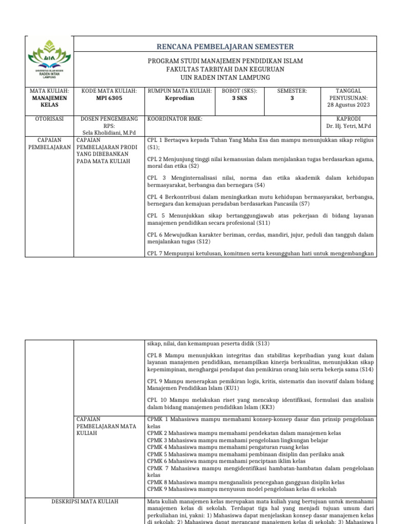 RPS MANAJEMEN KELAS REVISED VERSION | PDF
