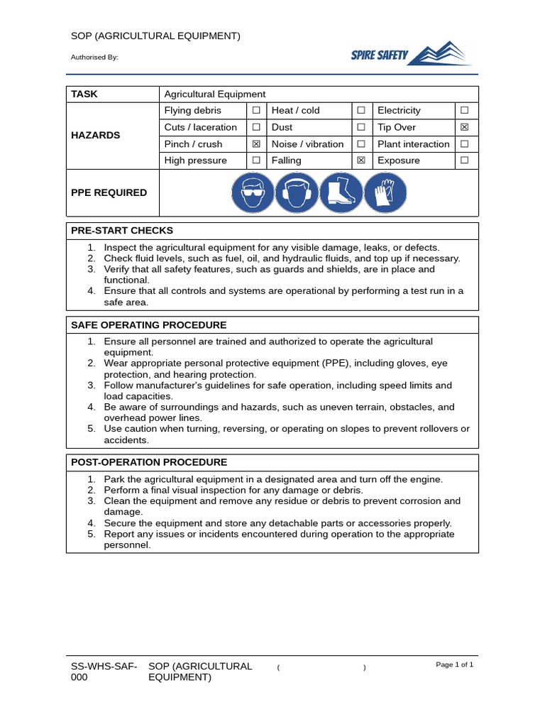 SS WHS SAF 000 Safe Operating Procedure Agricultural Equipment 1 | PDF