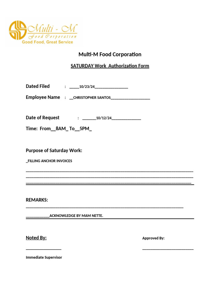 Saturday Work Authorization Form | PDF